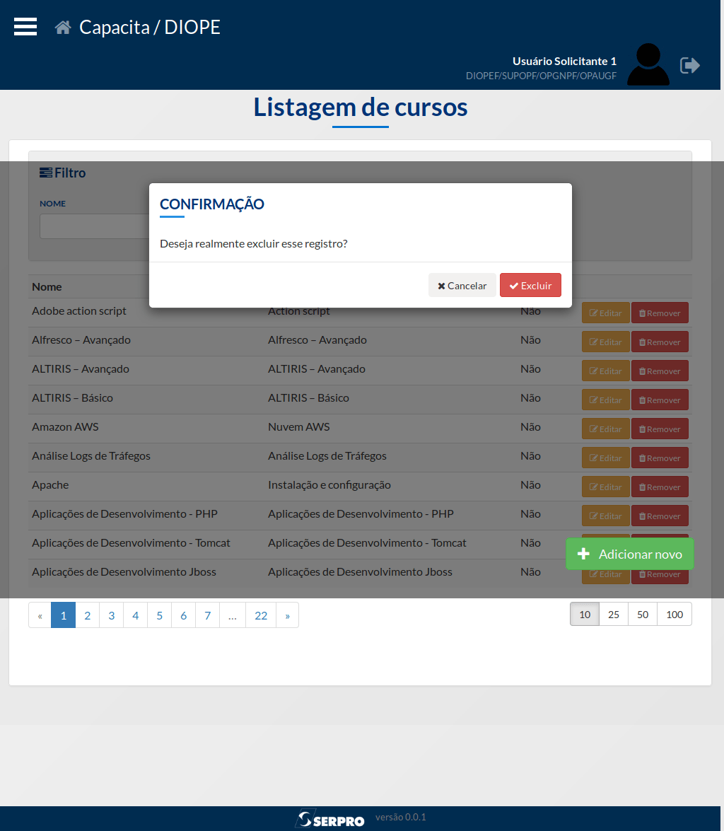 Capacita DIOPE - Como excluir um curso existente?