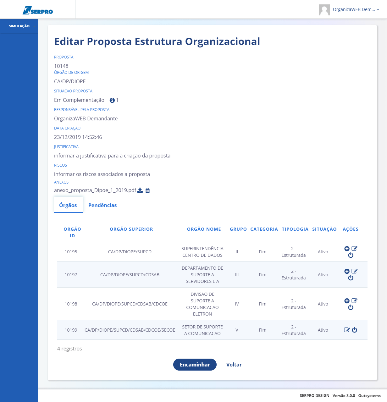 Estrutura Organizacional - Editar Órgãos da Proposta