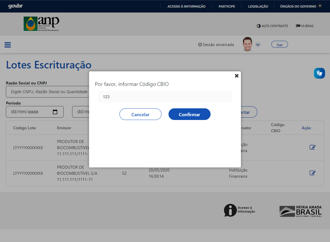 Plataforma CBIO - Escriturador - Registrar Código CBIO