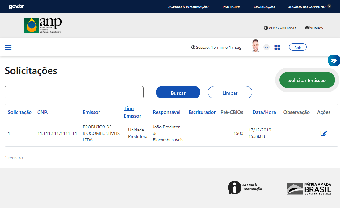 Plataforma CBIO - Emissor - Solicitar Emissão