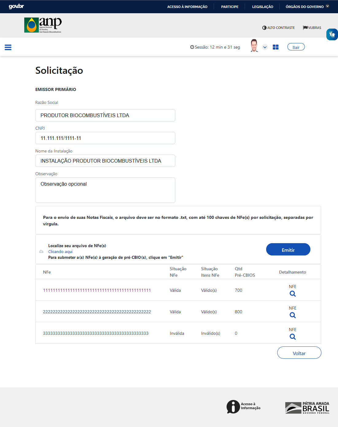 Plataforma CBIO - Emissor - Solicitar Emissão