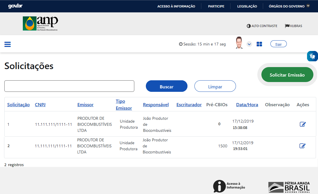 Plataforma CBIO - Emissor - Solicitar Emissão
