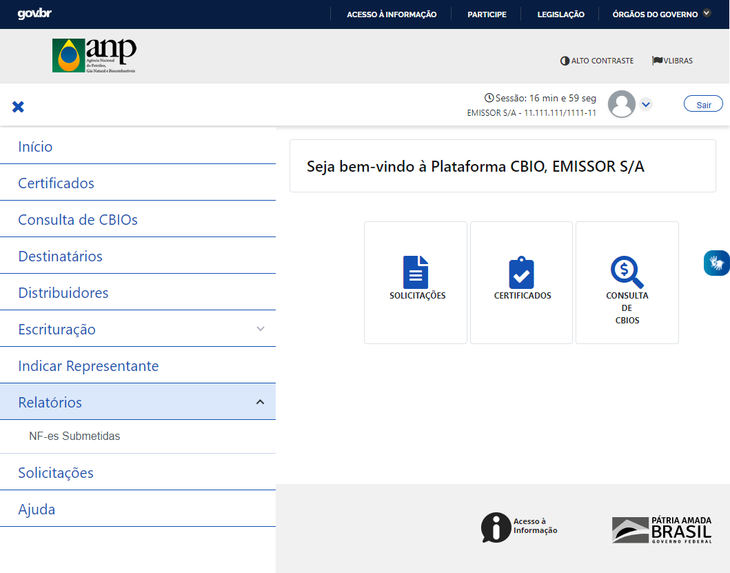 Plataforma CBIO - perfil Emissor - Emissor - Relatório NFes Submetidas