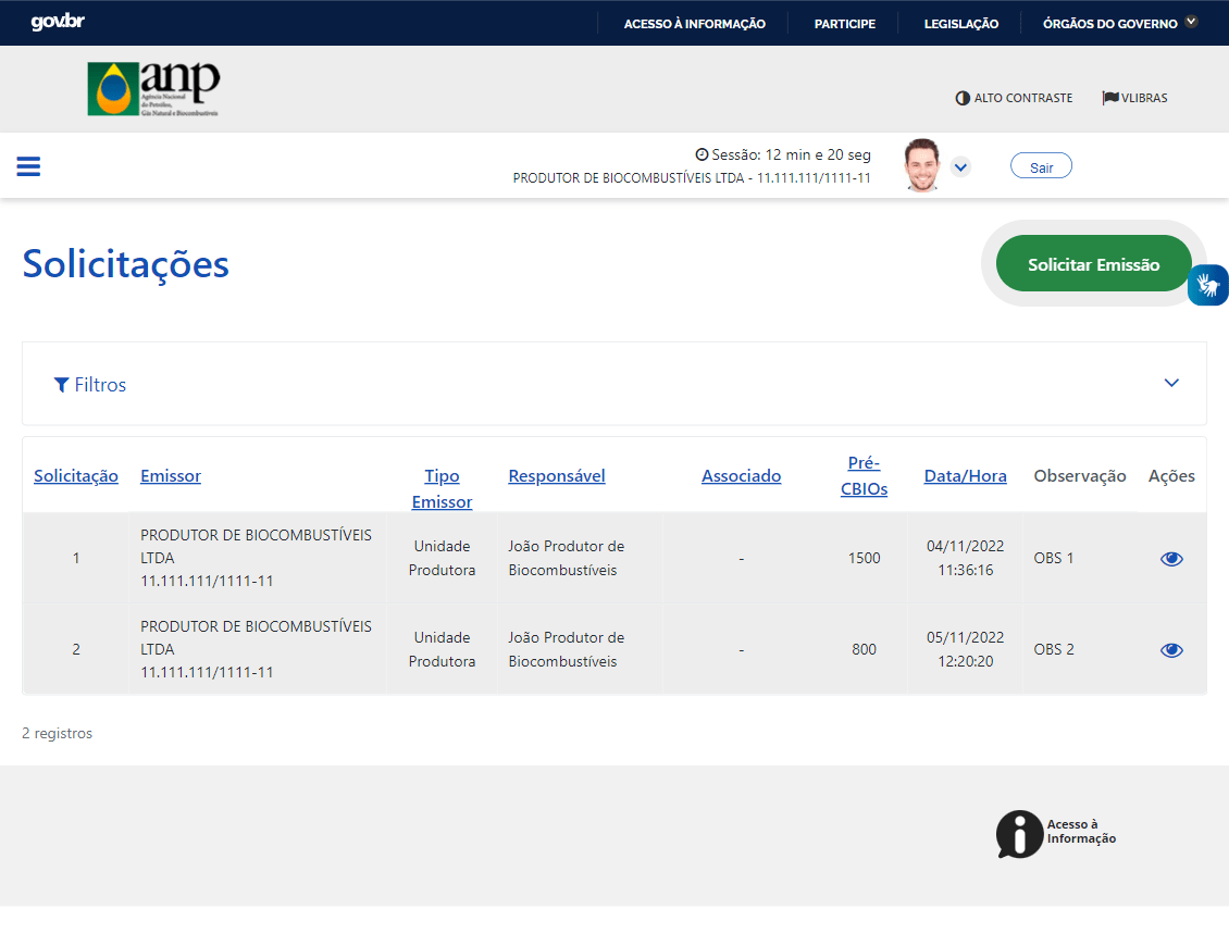 Plataforma CBIO - perfil Emissor - Emissor - Solicitar Emissão
